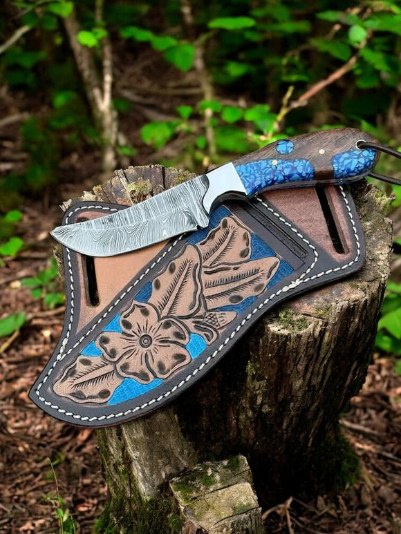 Knife with Cross Draw Sheath - Damascus & Resin Handle | Gio's Outdoors